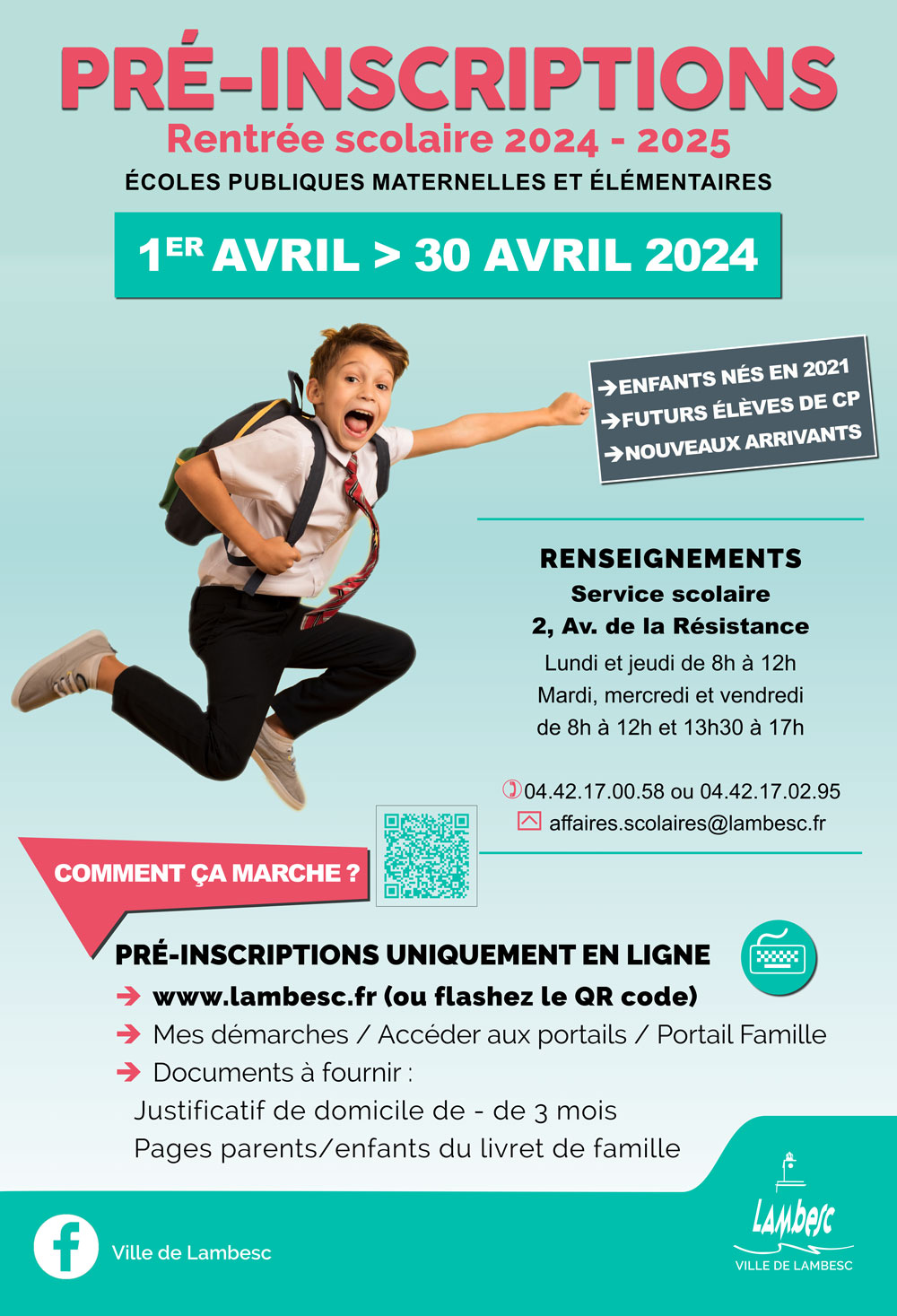 INSCRIPTION SCOLAIRE - RENTRÉE SEPTEMBRE 2024 - Mairie de Lambesc